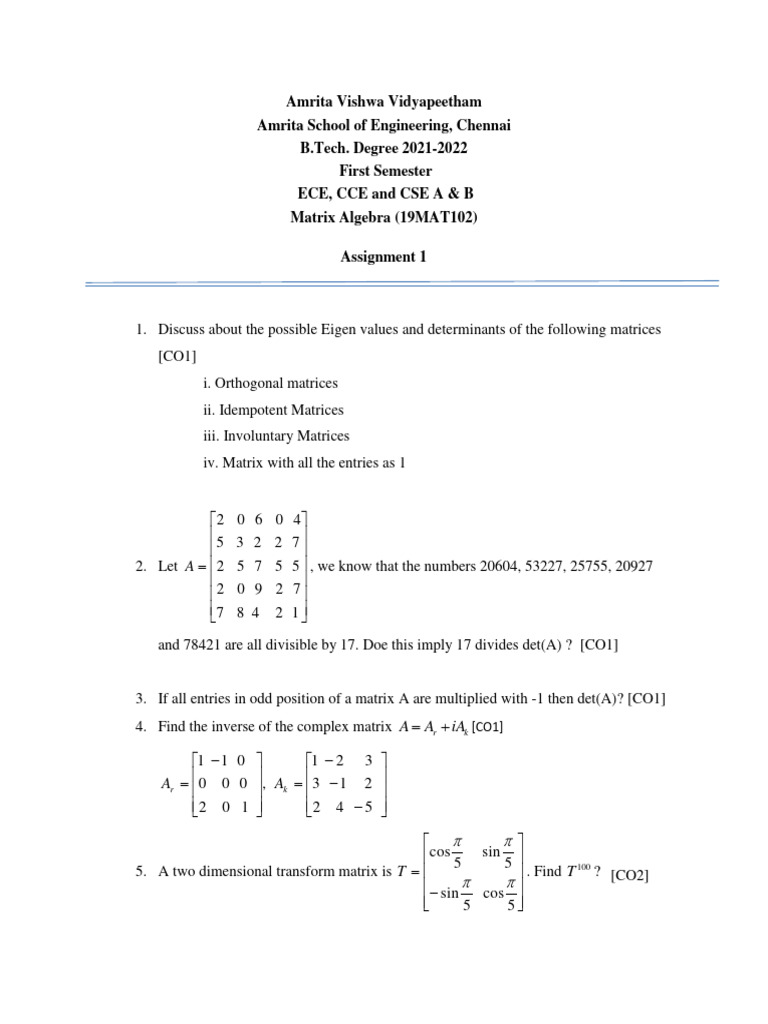 Assignment MA 1 | PDF | Matrix (Mathematics) | Eigenvalues And Eigenvectors