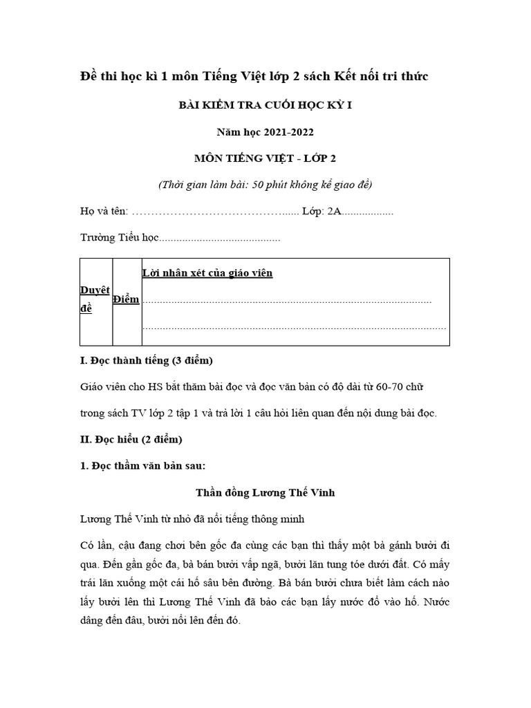 35 de Thi Hoc Ki 1 Lop 2 Mon Tieng Viet Theo Thong Tu 27 Sach KN de 3 | PDF