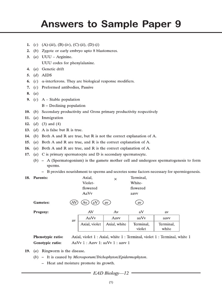 Cbse cl12 Ead Biology Answers To Sample Paper 9 | PDF