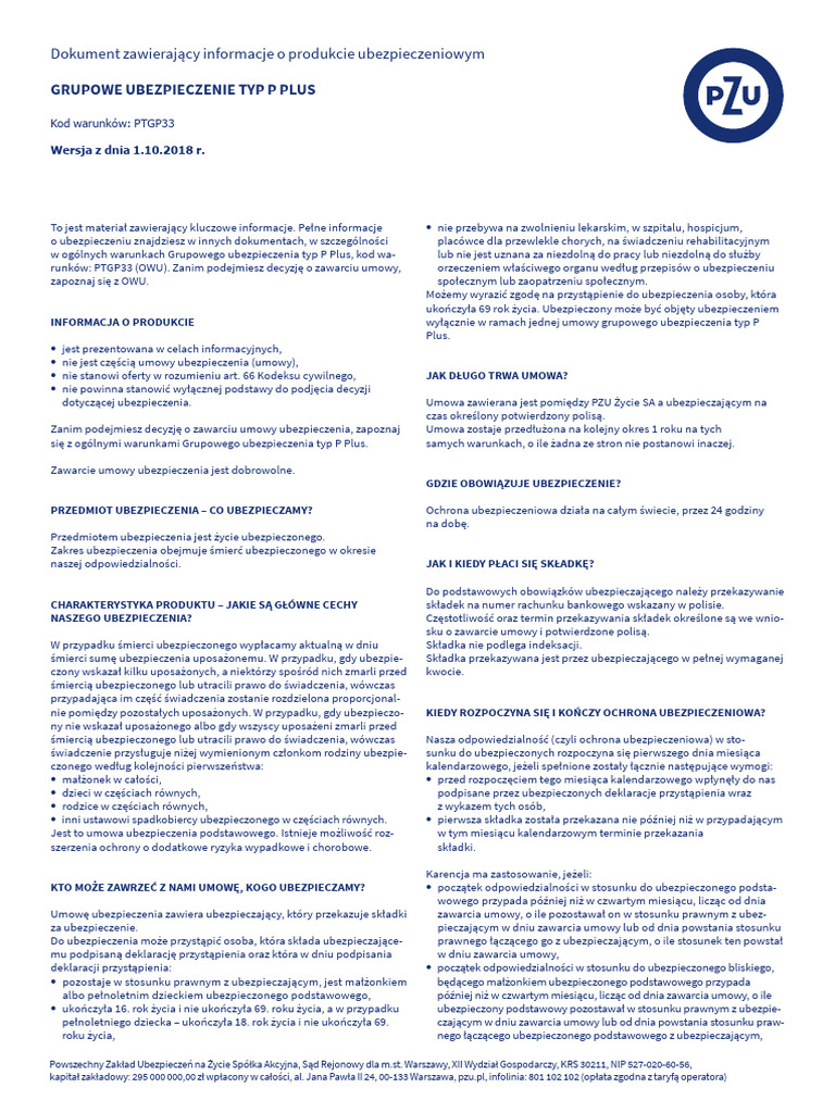 Dokument Zawierajacy Informacje o Produkcie Ubezpieczeniowym PTGP33 | PDF