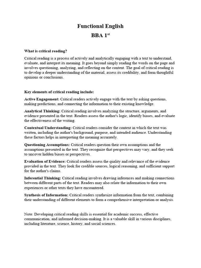 Critical Reading Pdf Learning Concept