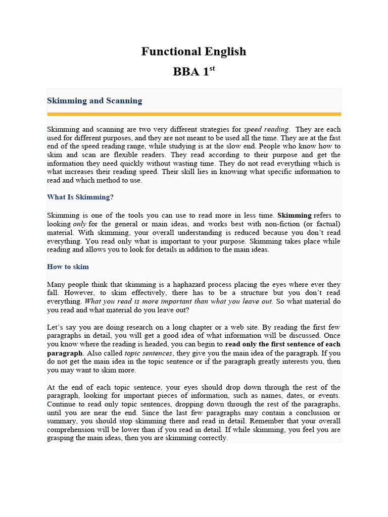 Skimming and Scanning Reading | PDF | Speed Reading | Learning