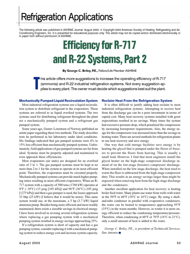 2003 08 Refrigeration Applications - Efficiency For R-717 and R-22 ...