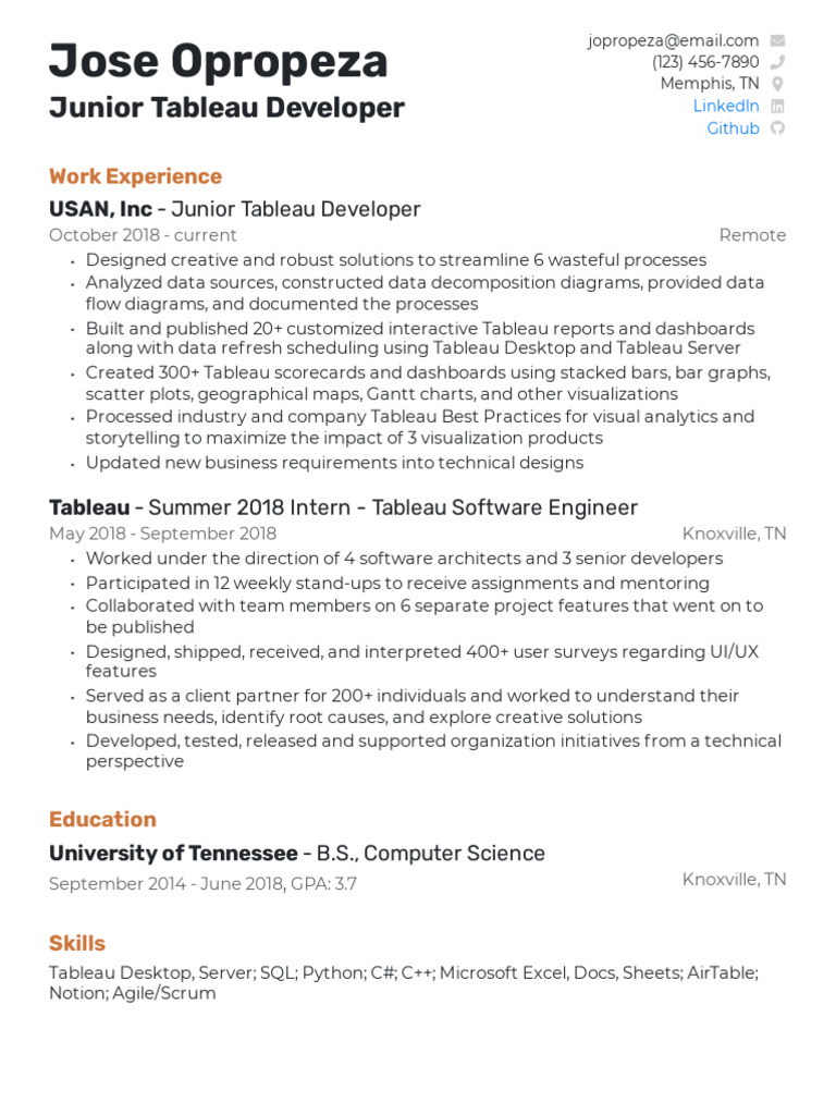Junior Tableau Developer Resume Example | PDF | Computers