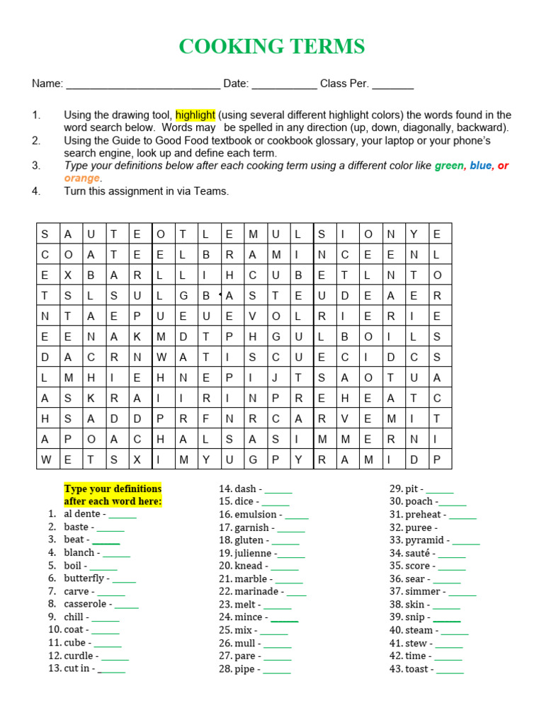 COOKING TERMS Wordsearch Activity | PDF | Word Search | Foods