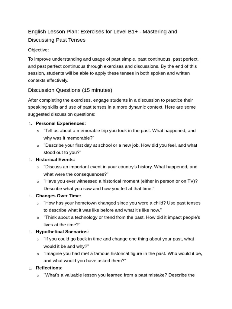 B1+ Lesson Plan: Mastering Past Tenses | PDF | Grammatical Tense ...