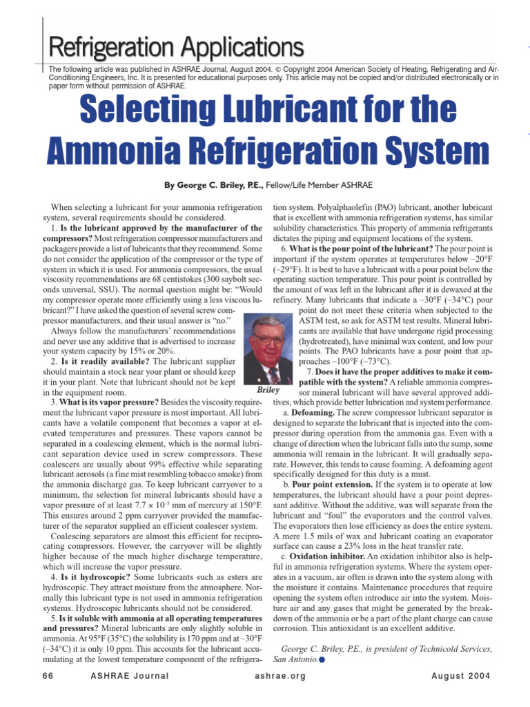 2004 08 Refrigeration Applications - Selecting Lubricant For The ...