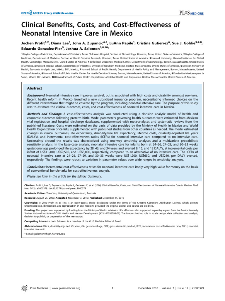 Clinical Benefits, Costs, and Cost-Effectiveness of Neonatal Intensive ...