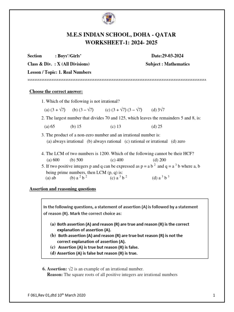 Class 10 Real Numbers Worksheet | PDF | Numbers | Rational Number