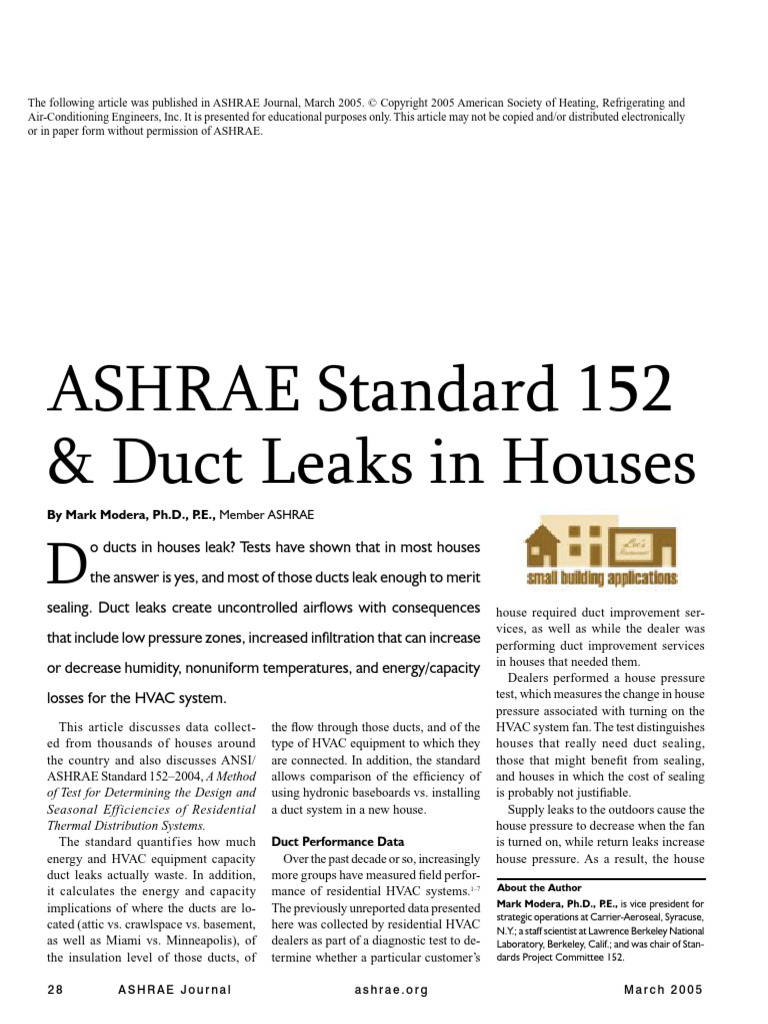 2005 03 ASHRAE Standard 152 & Duct Leaks in Houses - Modera | PDF ...