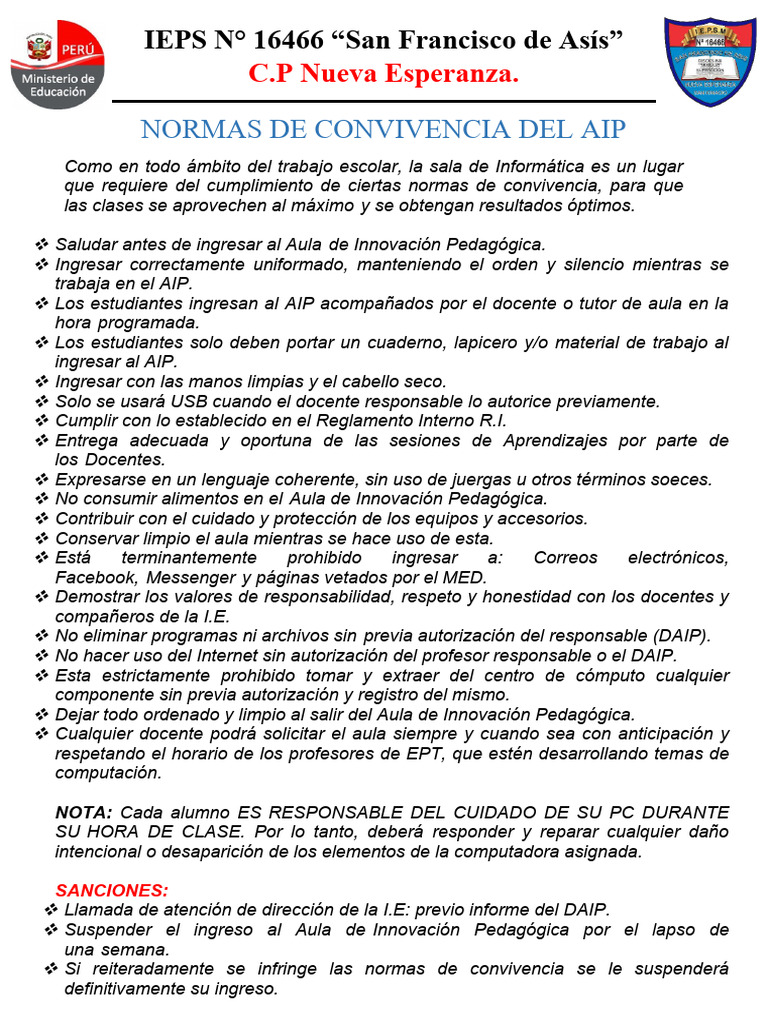 Normas de Convivencia Del Aip | PDF | Salón de clases | Informática