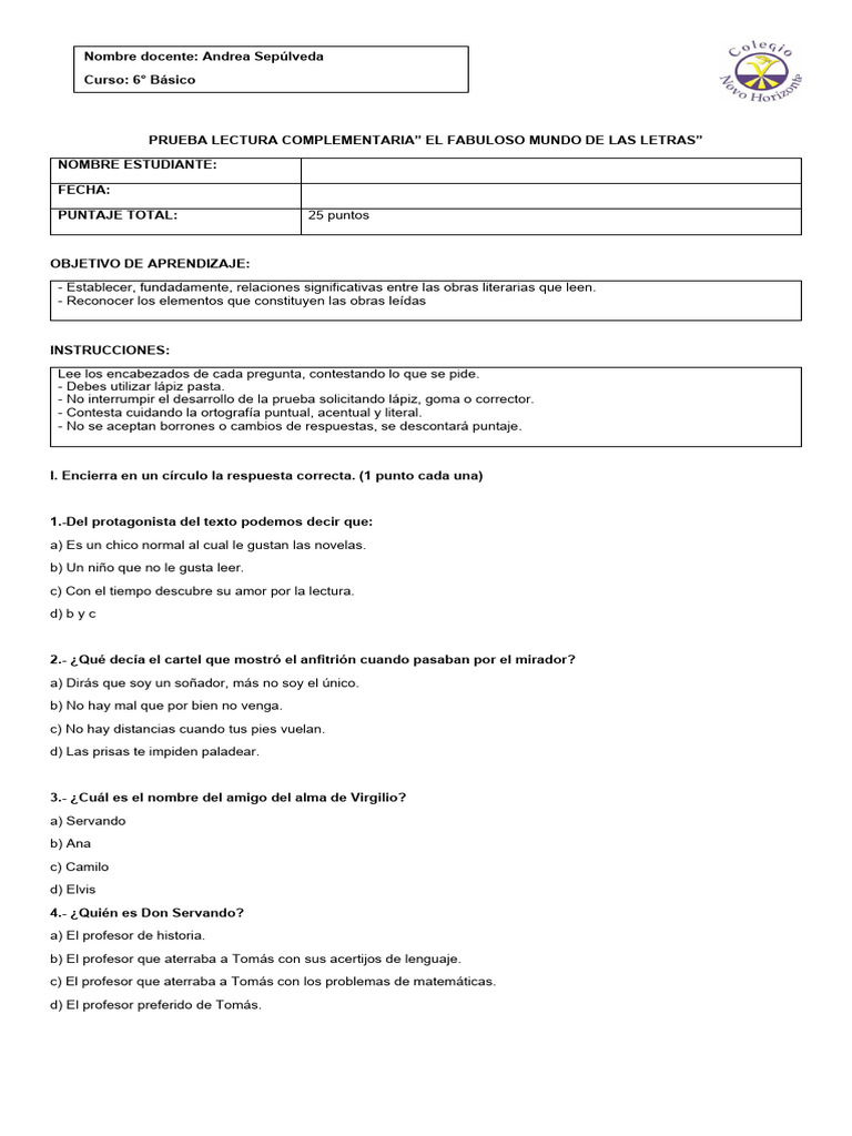 PRUEBA EVALUACION COMPLEMENTARIA 6 | PDF | Escritura | Comunicación escrita