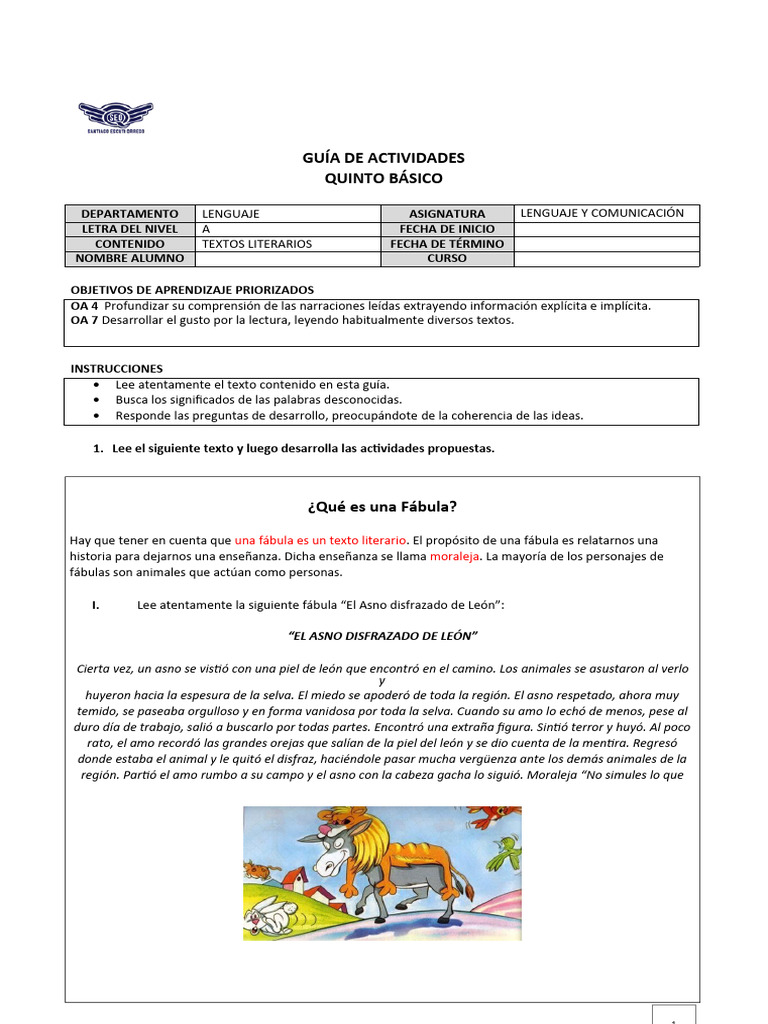 Fábula: El Asno y el León | PDF | Fábula