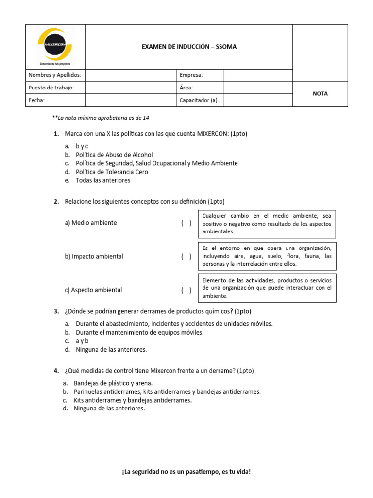 Examen para Inducción SSOMA | PDF | Residuos | Entorno natural Examen para Inducción SSOMA | PDF | Residuos | Entorno natural