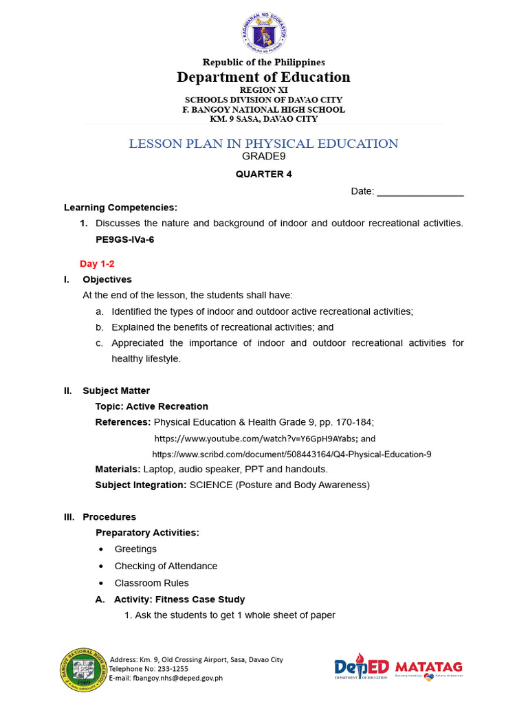 Lesson Plan - Pe 9 - Quarter 4 - Active Recreation | PDF | Physical Education | Behavior ...