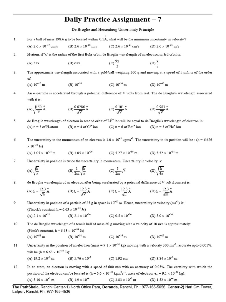 De Broglie & Heisenberg Practice Problems | PDF | Electron ...