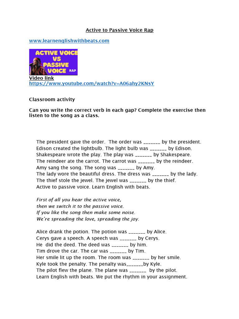 Active To Passive Voice Rap | PDF | Language Arts & Discipline