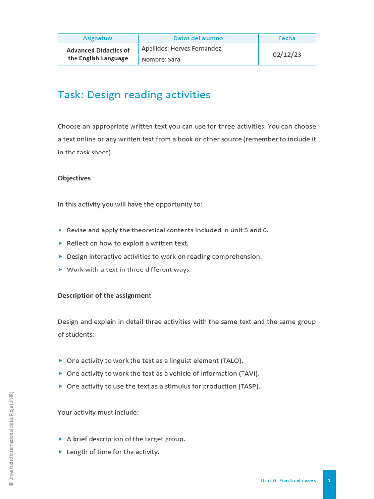 Task 3 - Design Reading Activities - Sara Herves Fernández | PDF ...