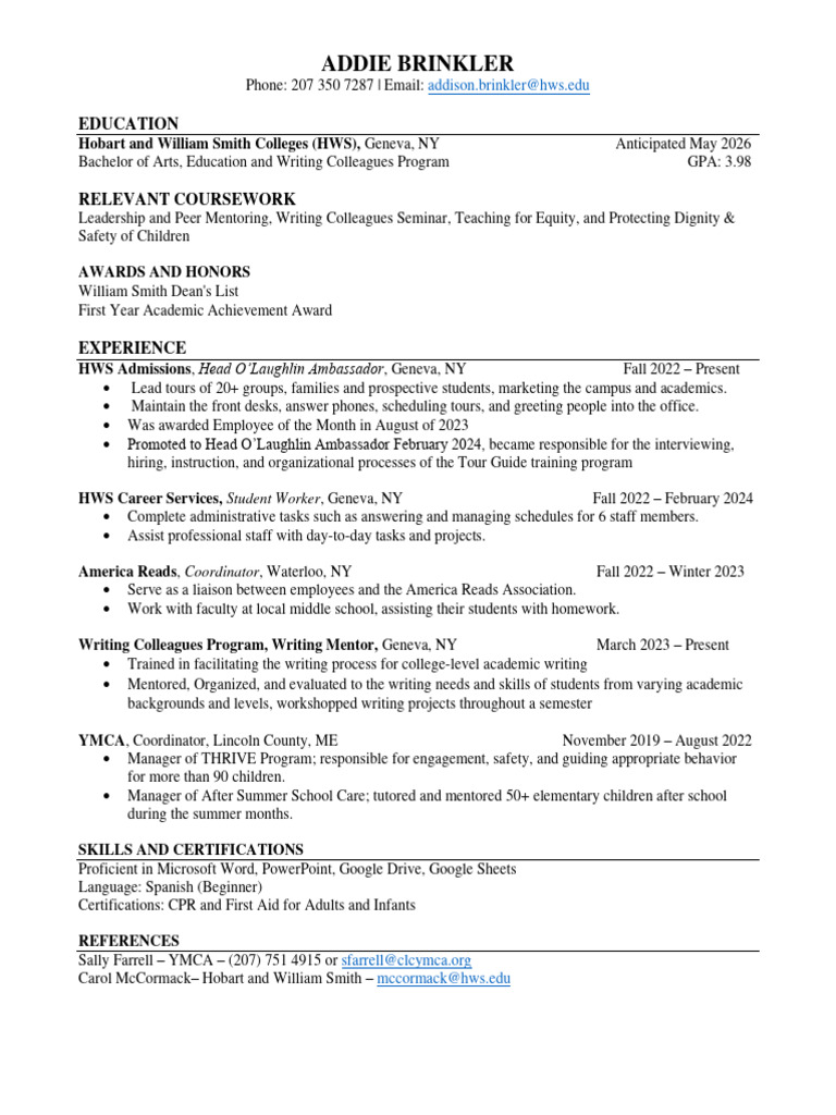 Addie Brinkler Resume School | PDF | Mentorship