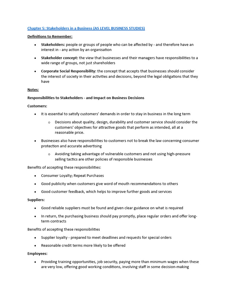 Stakeholders in Business: AS Level Guide | PDF | Corporate Social ...