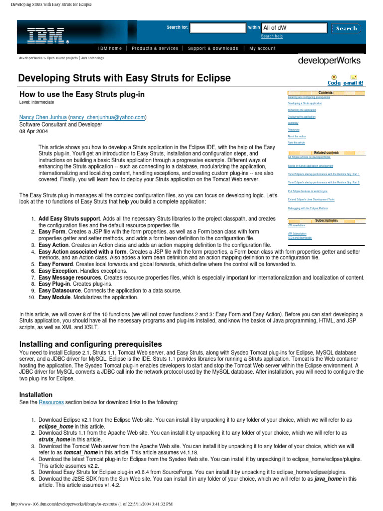 Eclipse Struts With Eclipse And Easystruts Ibm 2004 Pdf Eclipse Software Computing