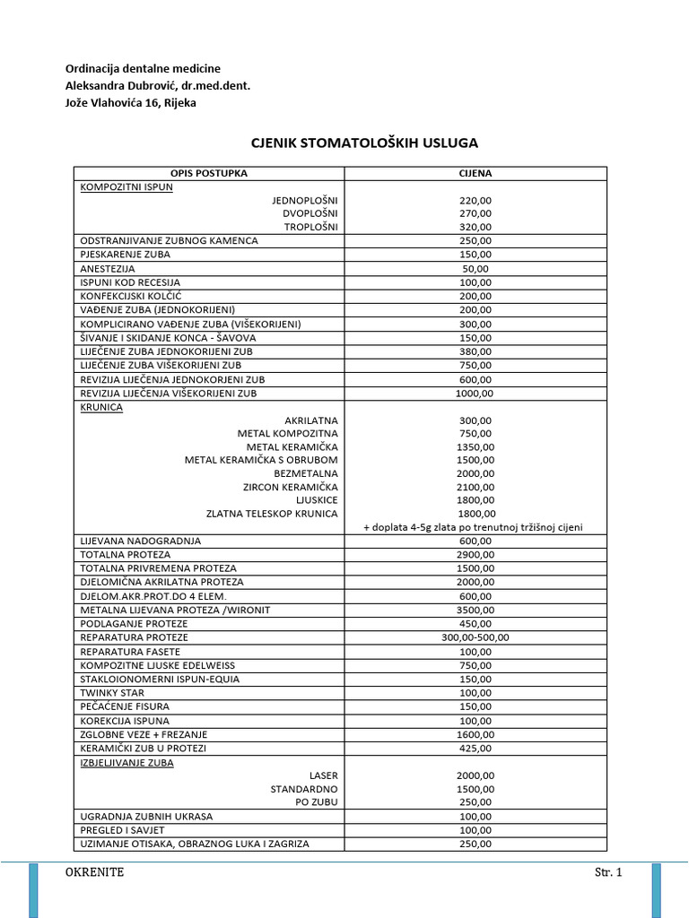 Ordinacija Dentalne Medicine AD CJENIK | PDF