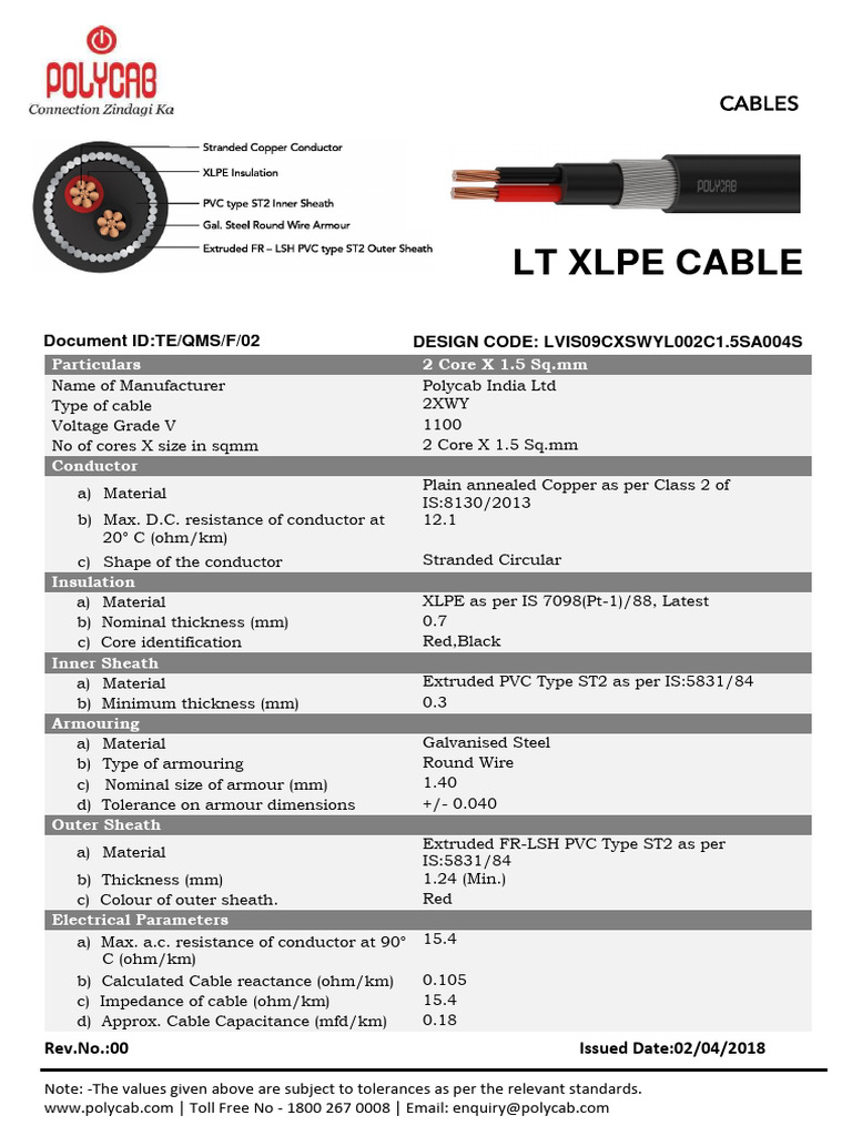 LT Xlpe Cable: Design Code: Lvis09Cxswyl002C1.5Sa004S Document ID:TE ...