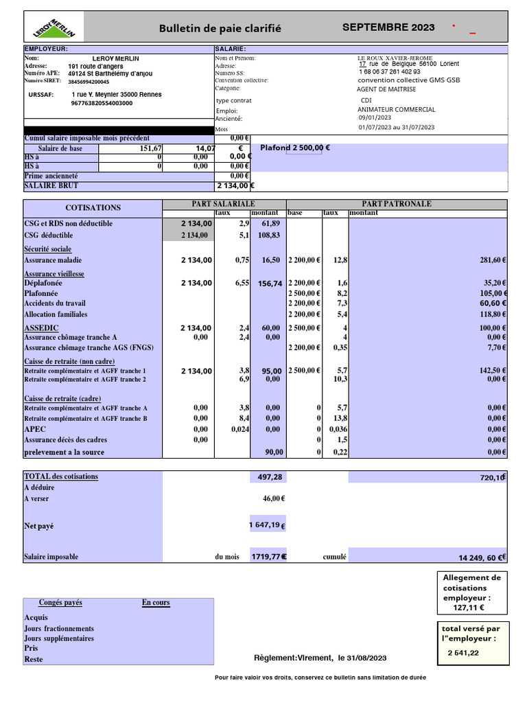 Leroy Merlin Aout Copie | PDF | Salaires | Bulletin de salaire (droit ...