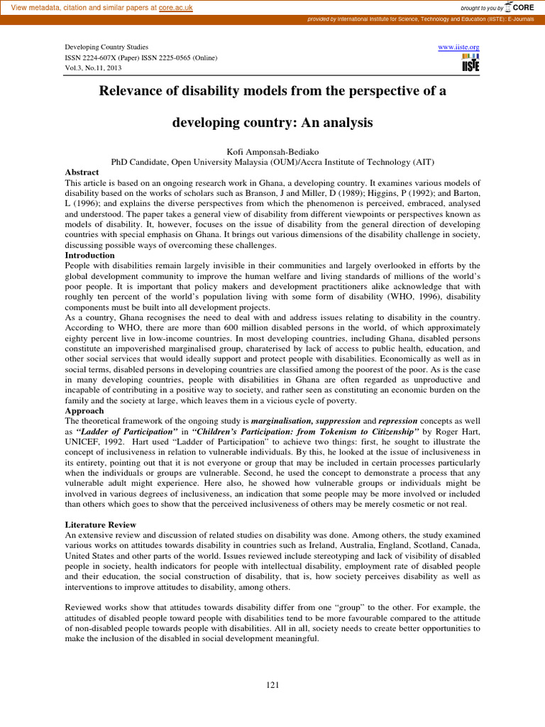 Relevance of Disability Models From The Perspective of A Developing ...
