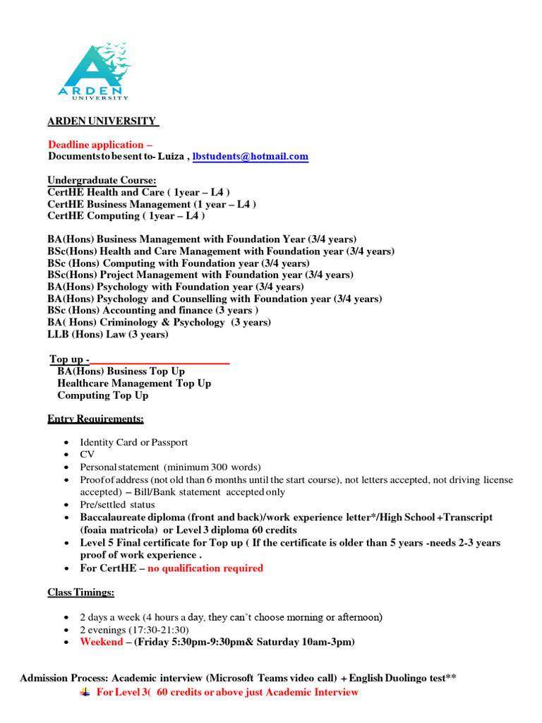 Arden Intake | PDF | Bachelor Of Arts | Bachelor's Degree