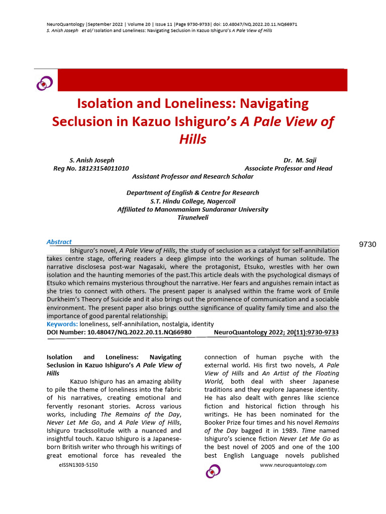 Isolation and Loneliness - A Pale View of Hills 2 | PDF | Psychology ...