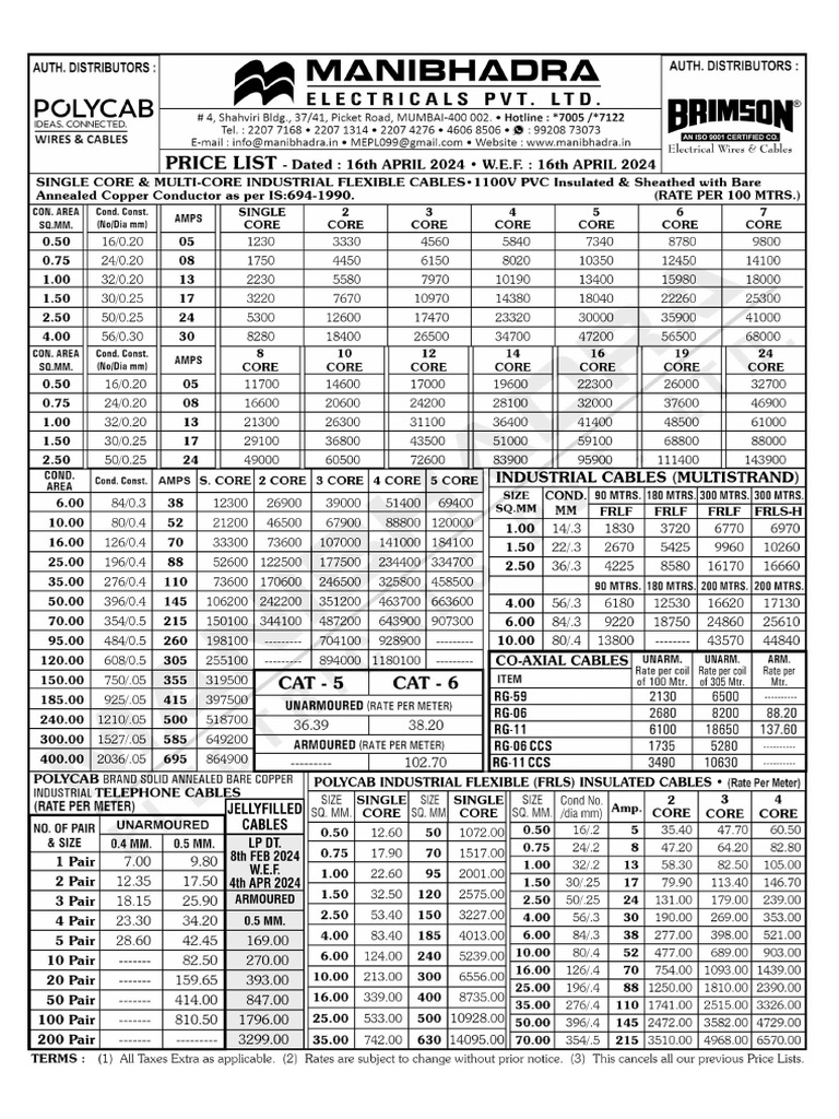 POLYCAB FLEXIBLE 16th APRIL PRICE LIST 2024 | PDF