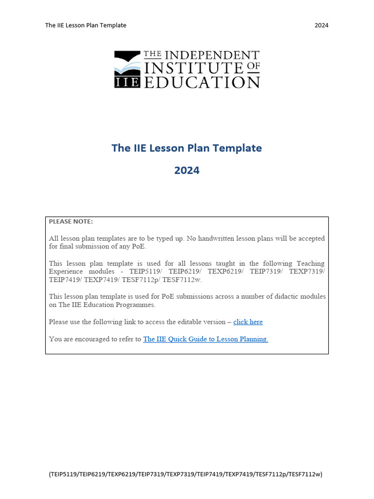 TEIP7419 - TE404 Lesson Plan Templat 2024e | PDF | Lesson Plan | Learning