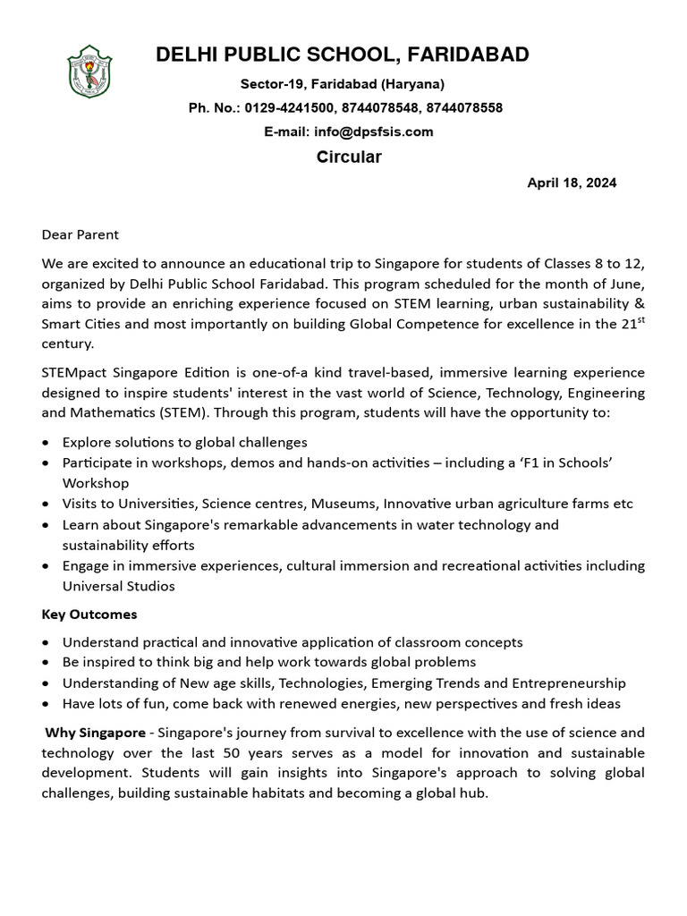 Singapore Trip Circular With Itenary | PDF | Science, Technology ...