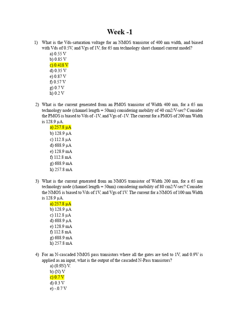 Week1 VLSI Subsystems Assignment Answers | PDF | Mosfet | Field Effect Transistor