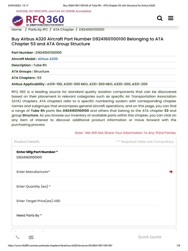 Buy Airbus A320 Aircraft Part Number D9241601100100 Belonging To ATA Chapter 53 and ATA Group ...