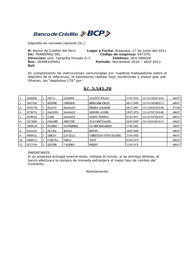 CARTA DEPOSITO CTS BCP | PDF