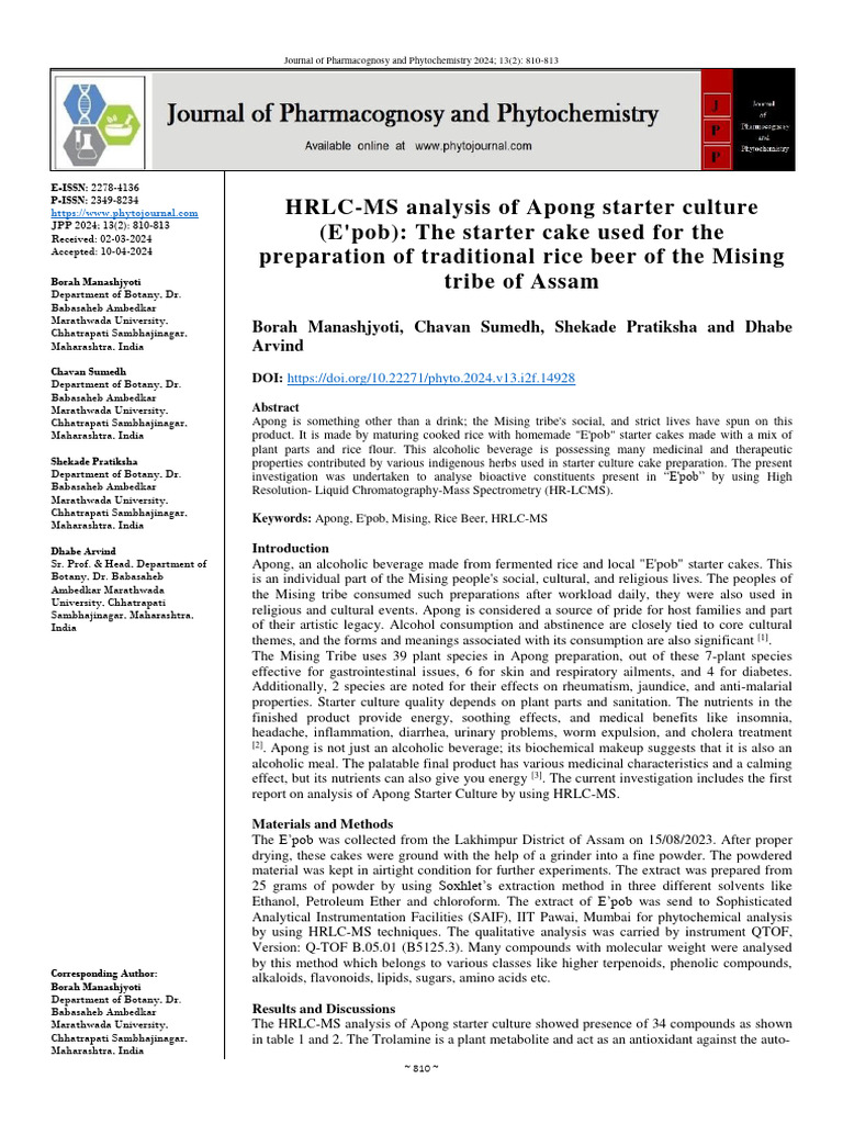 HRLC-MS Analysis of Apong Starter Culture (E'pob) : The Starter Cake ...