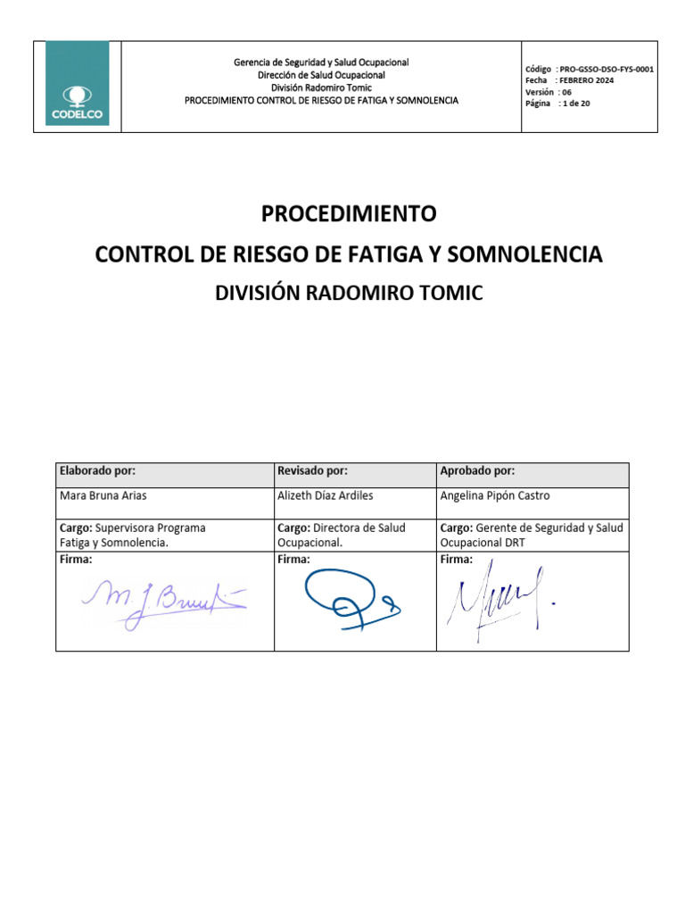 Procedimiento Control de Riesgo de Fatiga y Somnolencia DRT V6 | PDF | Seguridad y salud ...