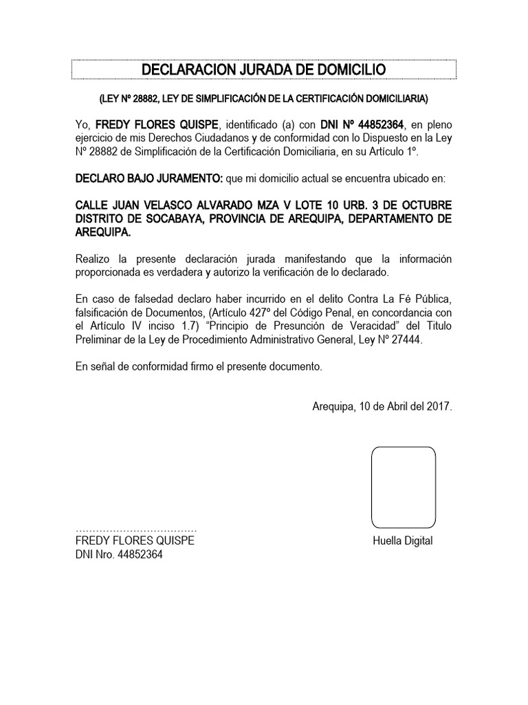 DECLARACION JURADA DE DOMICILIO | PDF | Documento de identidad | Declaración jurada