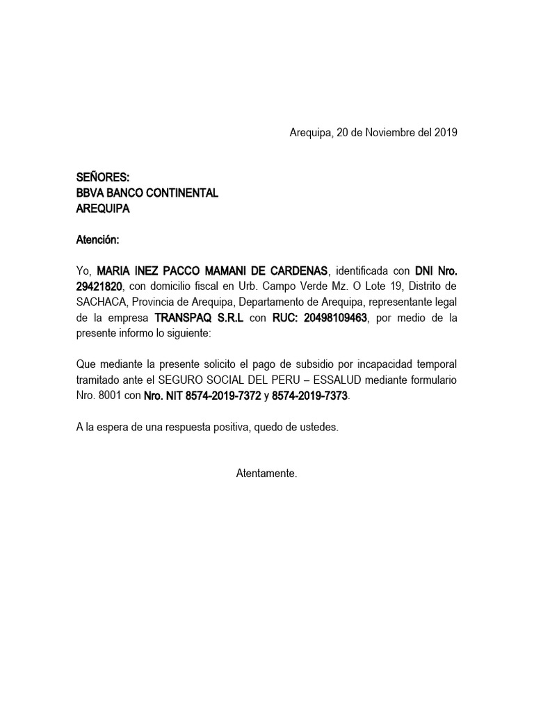 Carta Cobro Subsidio Essalud | PDF | Ciencias sociales | Derecho