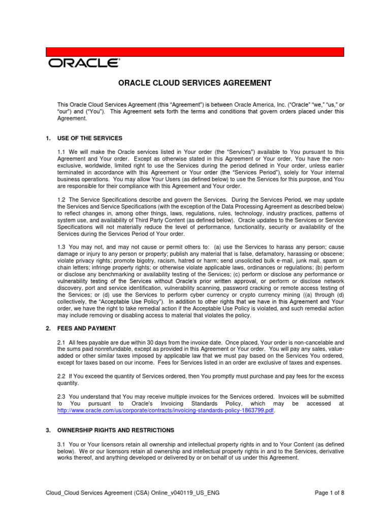 Oracle Cloud Services Agreement Overview | PDF | Breach Of Contract | Oracle Corporation