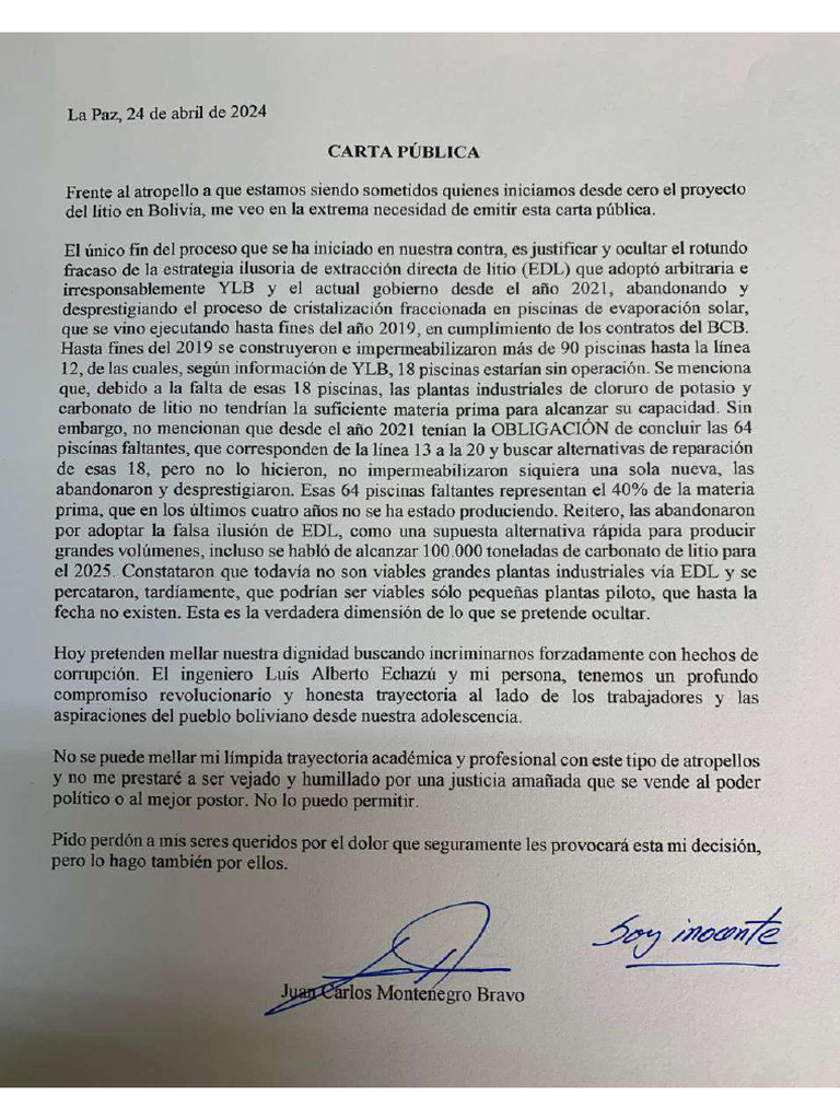 Carta póstuma de Juan Carlos Montenegro. | PDF