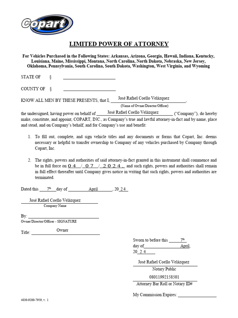 Power-of-Attorney-Notarized Llenado Con Ciertos Espacios en Blanco 2.0 ...