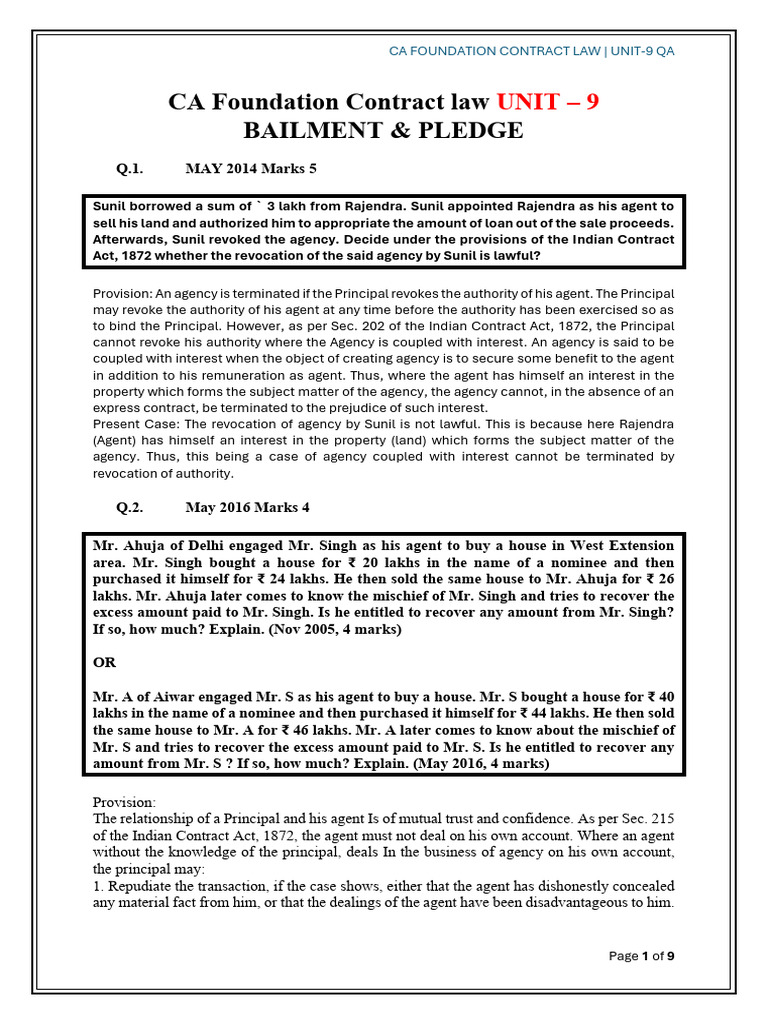Unit 9 Ca FND Contract | PDF | Law Of Agency | Ratification