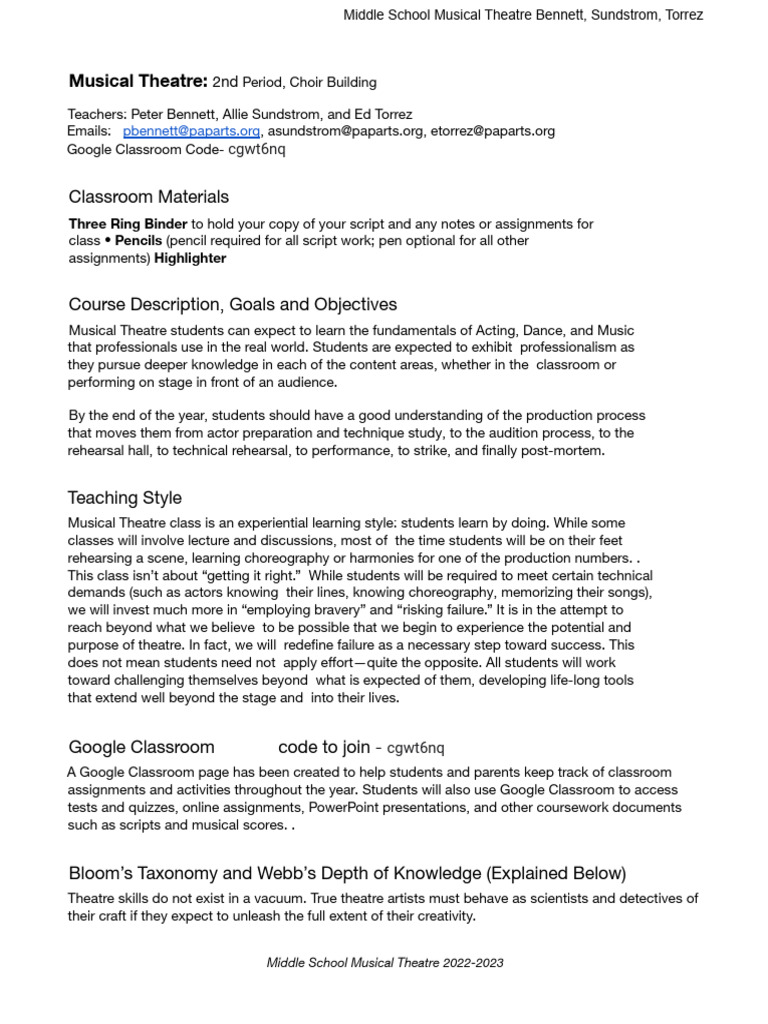 2022 2023 Middle School Musical Theatre Syllabus | PDF | Teachers ... 2022 2023 Middle School Musical Theatre Syllabus | PDF | Teachers ...