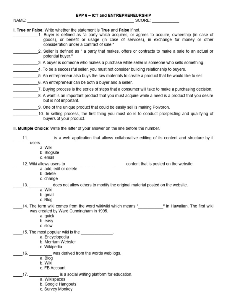 Grade 6 First Periodical Test in EPP | PDF | Sales | Wiki