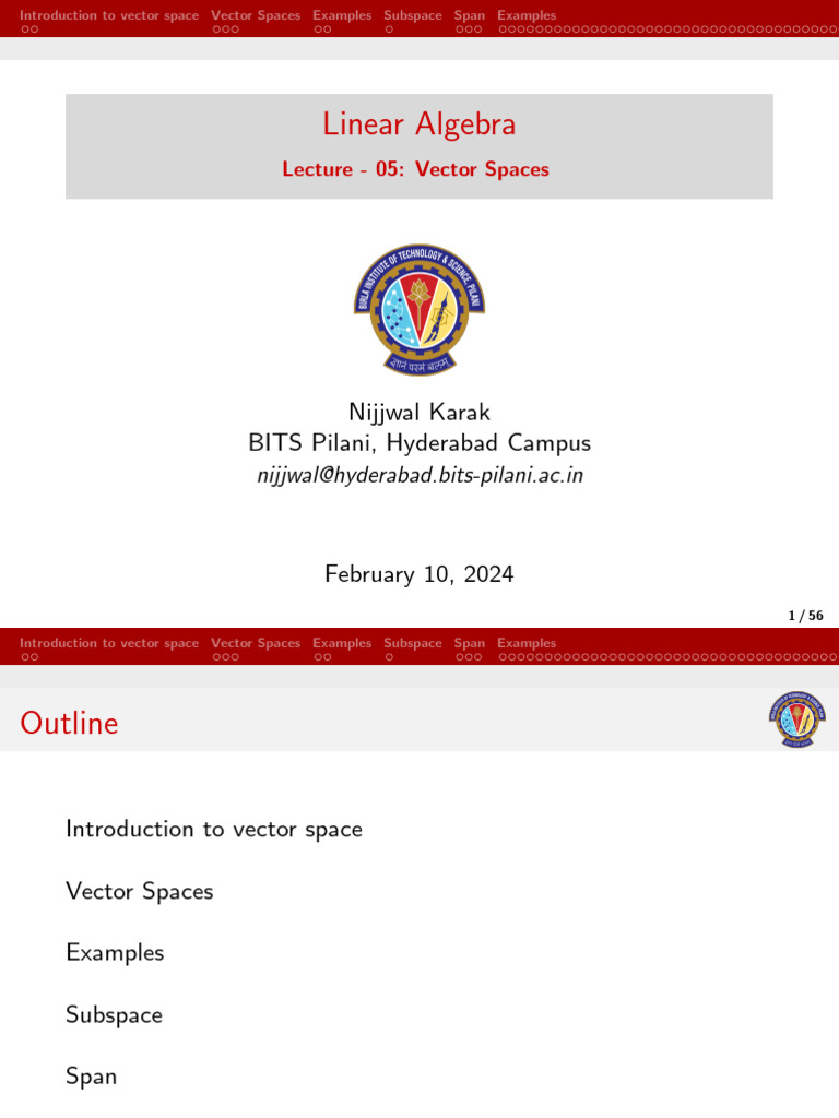 Lecture 05 Vector Space Pdf Linear Subspace Vector Space