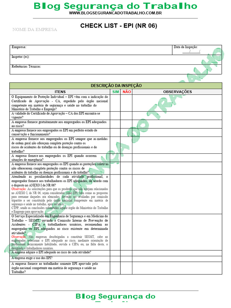 Modelo de Check List - EPI (NR 06) - Blog Segurança Do Trabalho | PDF