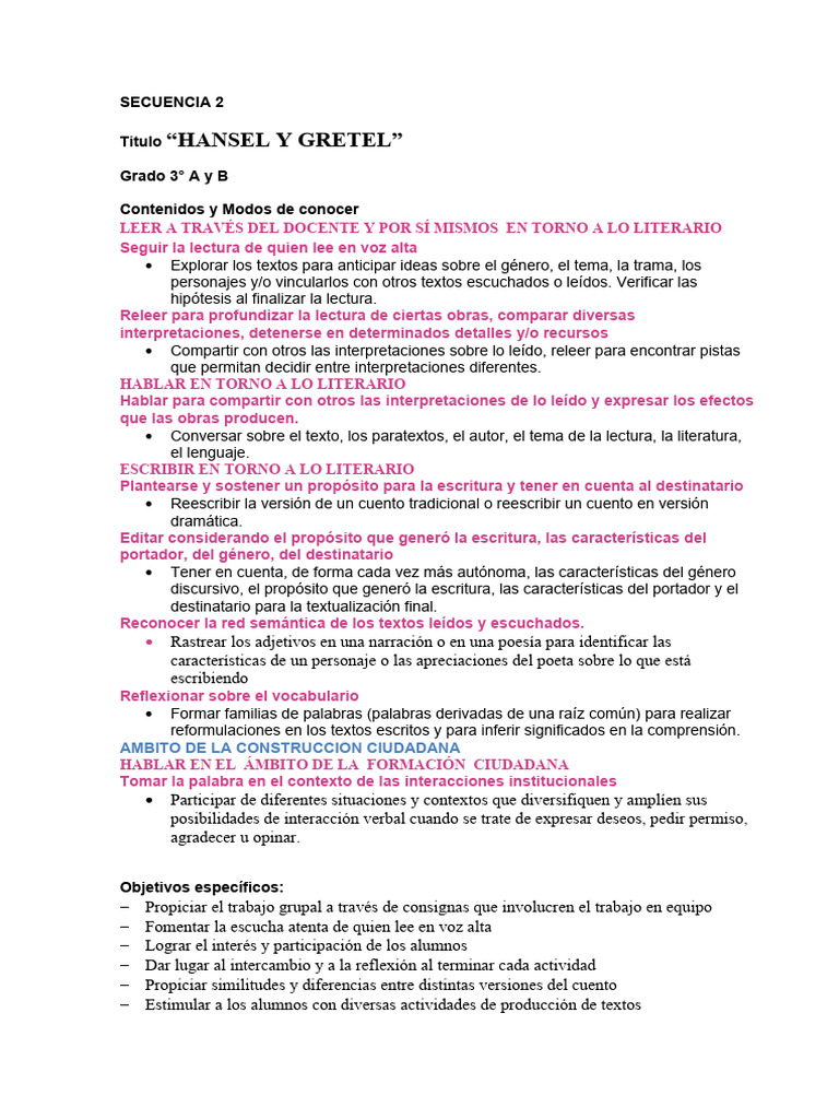 Secuencia Didáctica: Hansel y Gretel | PDF | Poesía | Ficción general